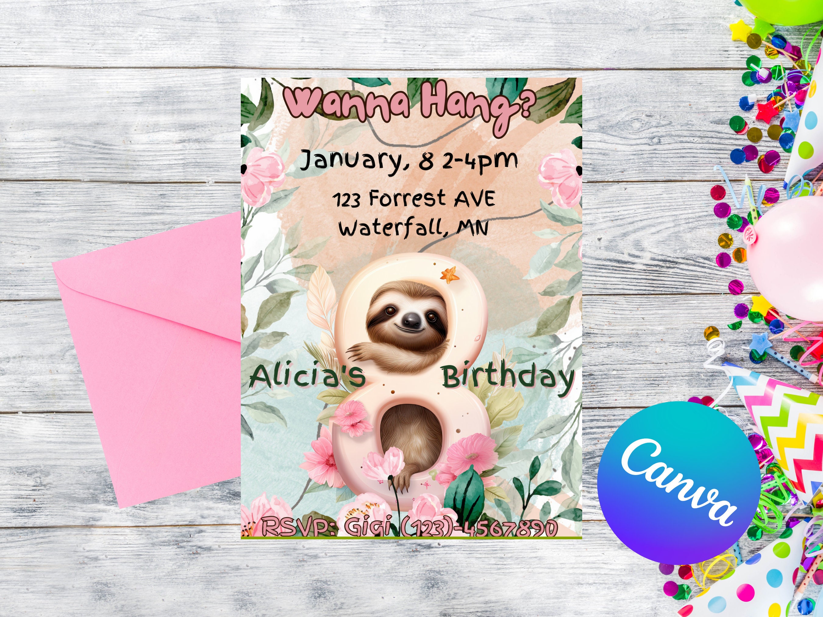Sloth Party Invitation Animal Birthday Invite Sloth - Etsy