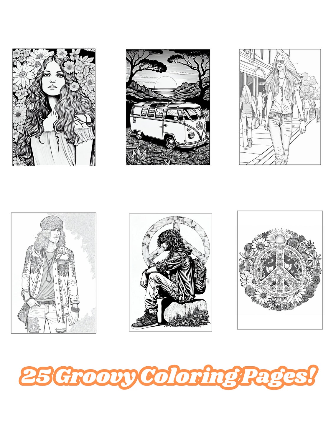 The 70s Printable Coloring Pages: Hippies, Bell Bottoms, Flower Power ...