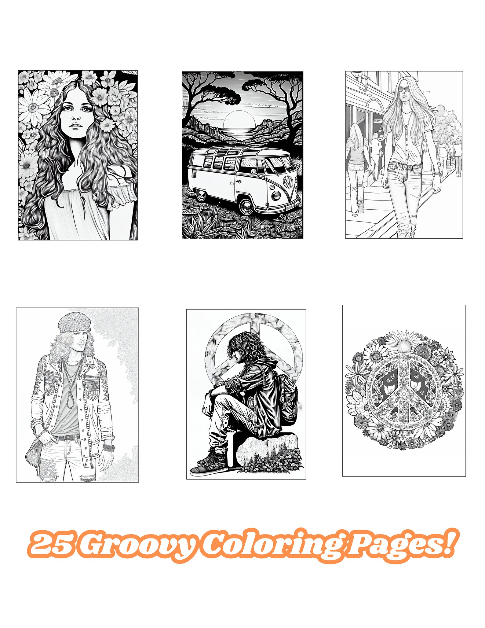 The 70s Printable Coloring Pages: Hippies, Bell Bottoms, Flower Power ...