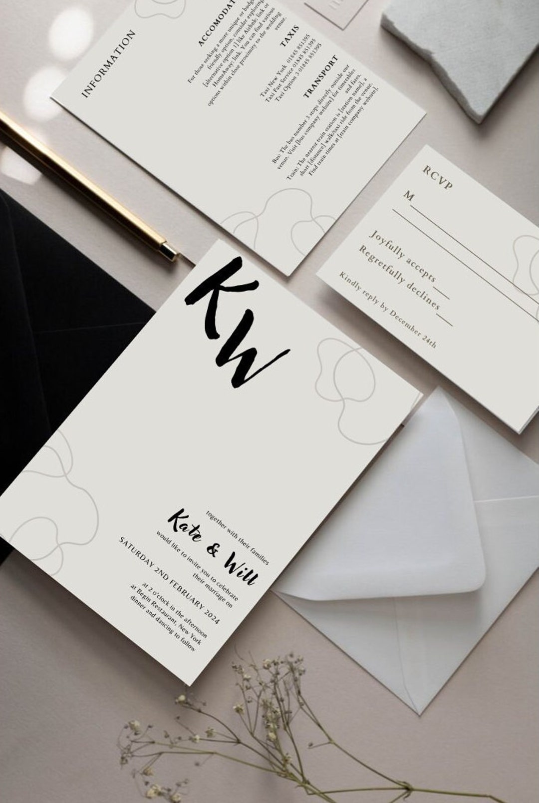 Minimalist Wedding Invitation Template, Simple Black and White - Etsy