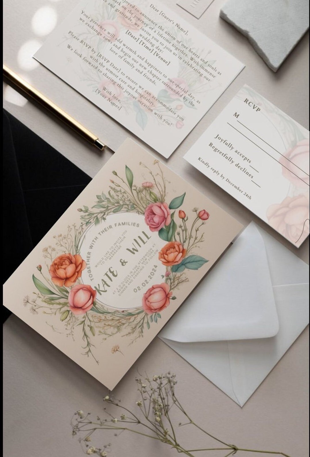 Wedding Spring Flower Invitation Template, Printable Wedding Invitation ...