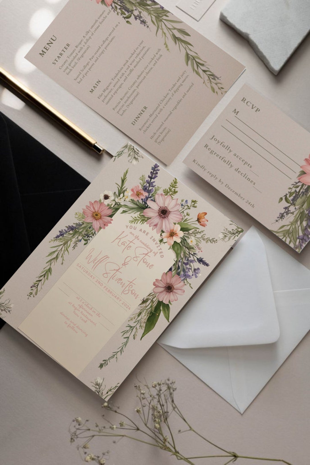 Spring Flower Wedding Invitation Template, Elegant Floral RSVP | Save ...