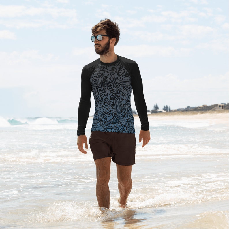 Inverted Polynesian Tribal in Blue Men's Rash Guard, Unique Men's Rash ...