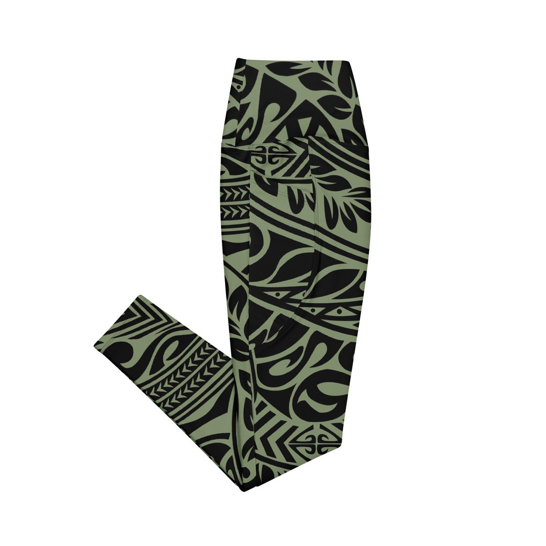 Polynesian Tribal in Black and Camouflage Green Leggings With Pockets ...