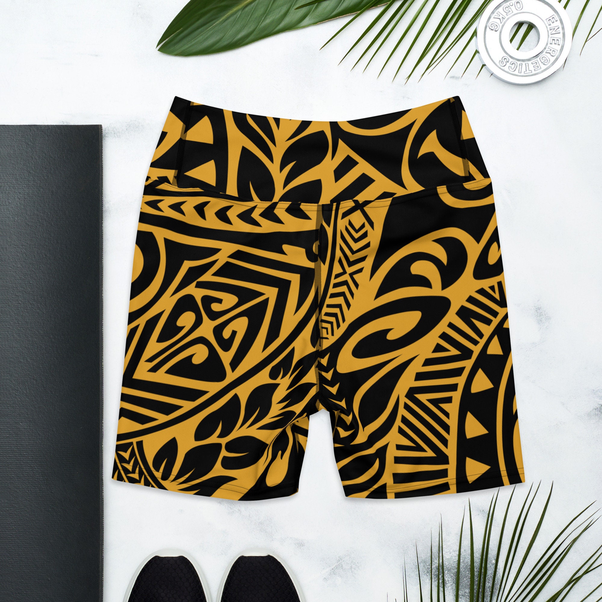 Polynesian Tribal Yoga Shorts in Black and Buttercup, High Waist Yoga ...