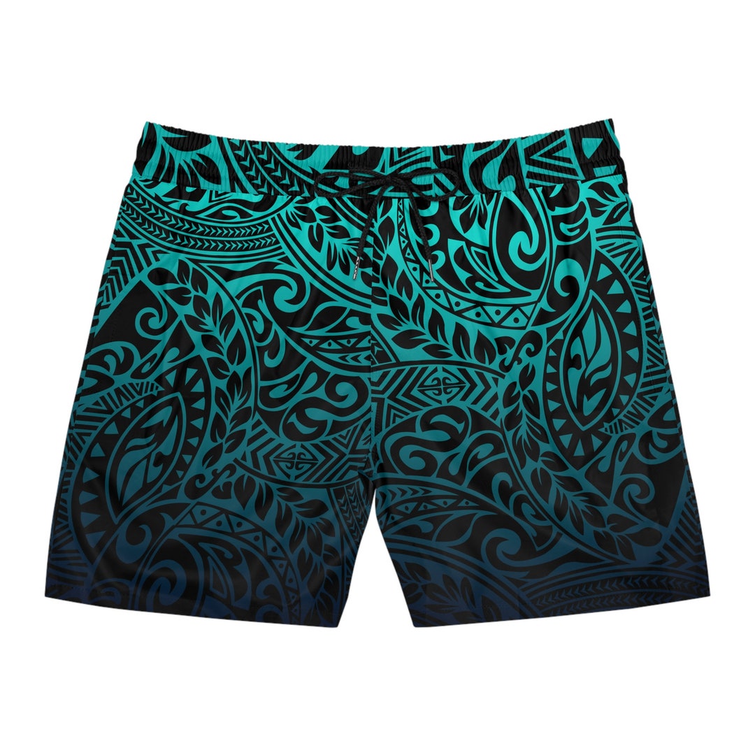 Teal Navy Polynesian Tribal Mid-length Swim Shorts - Etsy