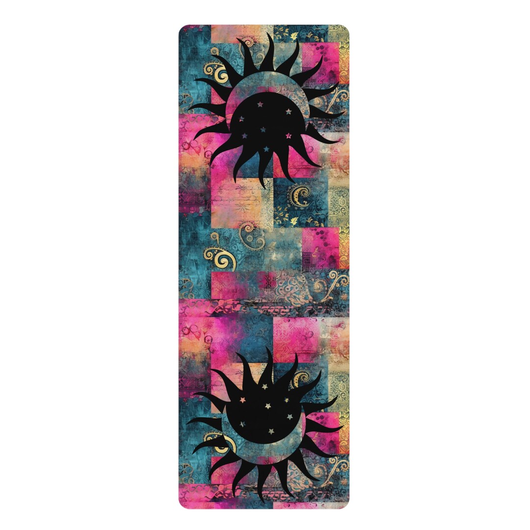 Boho Sun Moon Quilt 4 Rubber Yoga Mat, Rubber Yoga Mat, Non-toxic Eco ...