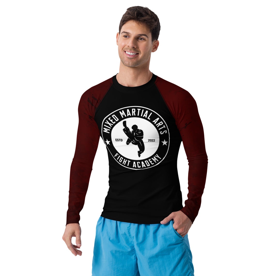 Fight Academy in Red Men's Rash Guard, Unique Men's Rash Guard, Quick ...
