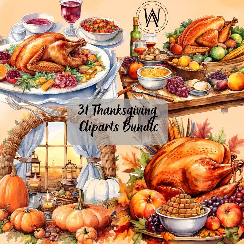 31 Thanksgiving Clipart Bundle, Thanksgiving Dinner Illustration Clip ...