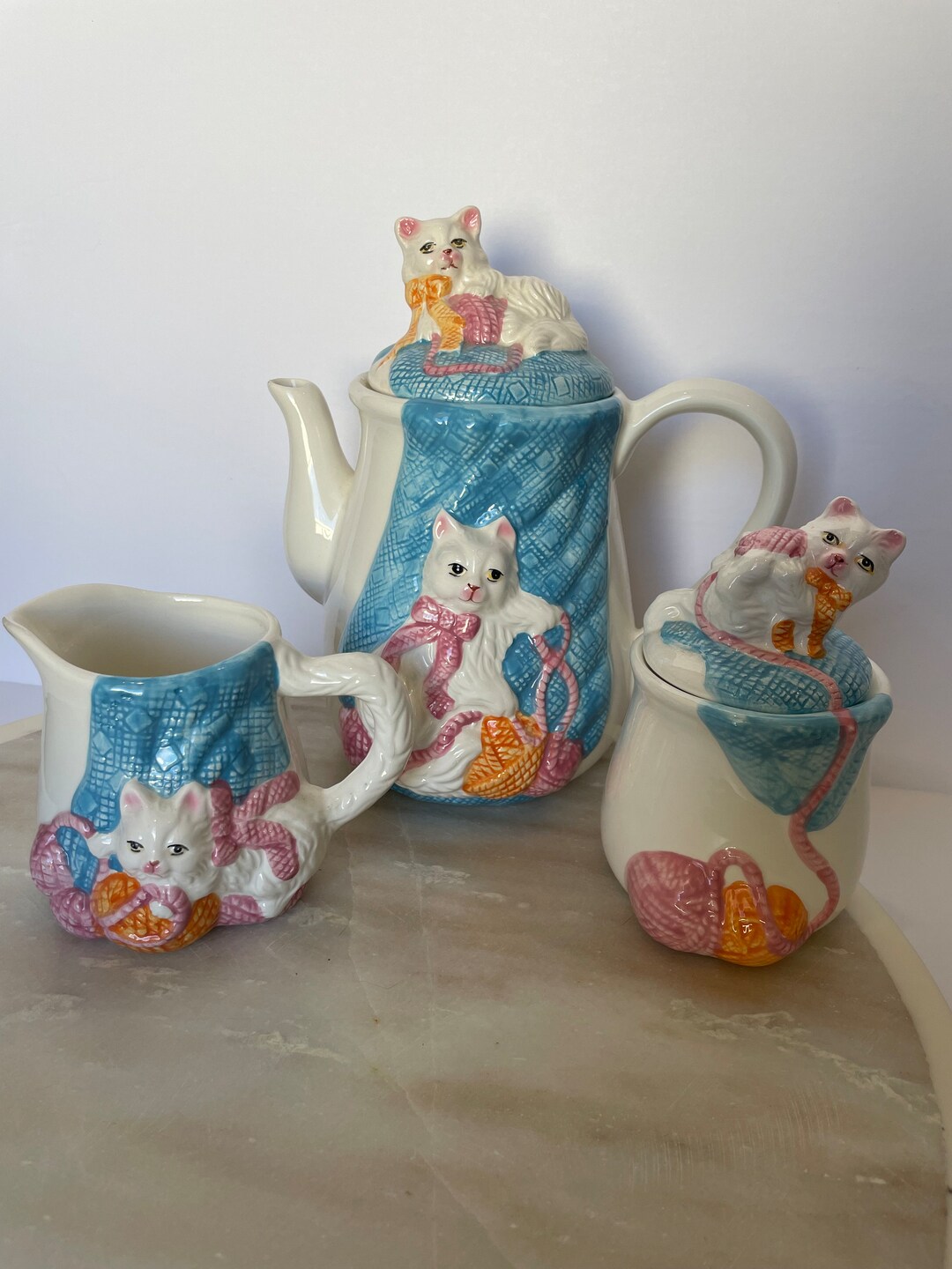 Vintage Teapot, Cat Creamer and Sugar Dish - Etsy