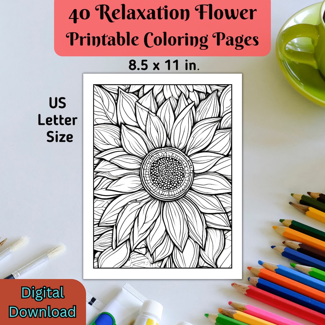 40 Relaxation Flower Coloring Pages, Botanical Floral Printables, Adult ...