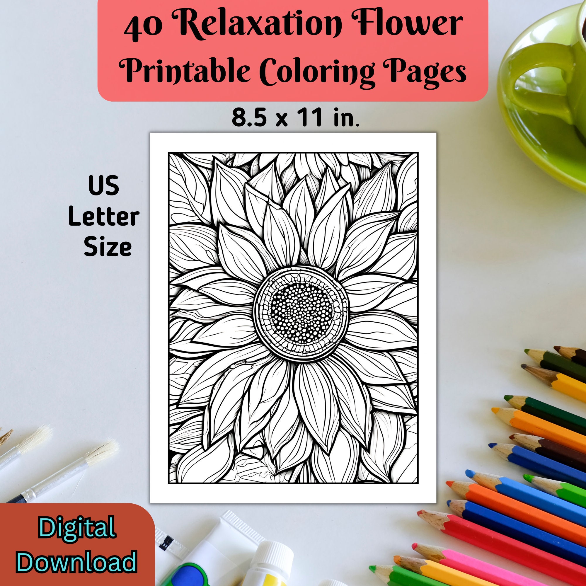 40 Relaxation Flower Coloring Pages, Botanical Floral Printables, Adult ...