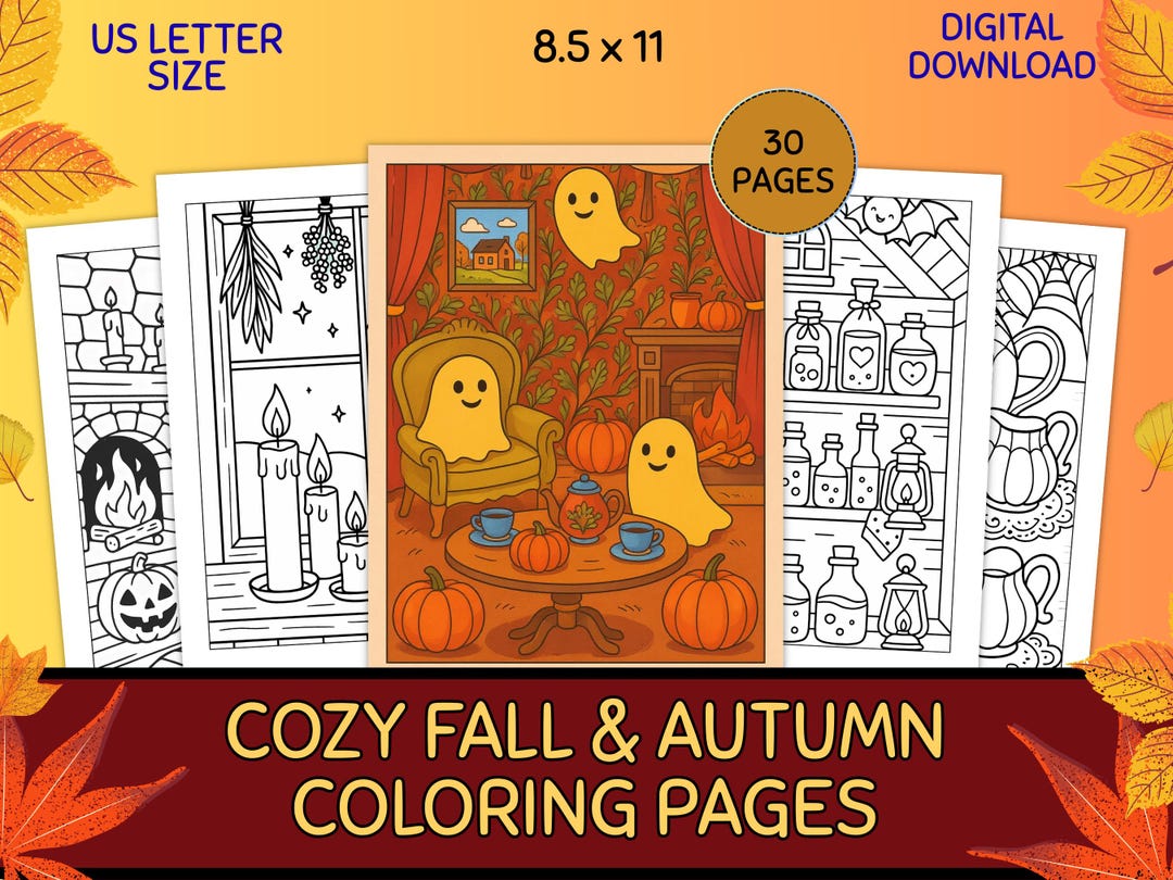 Cozy Fall Autumn Coloring Pages, Holloween Coloring Sheets for Teens ...