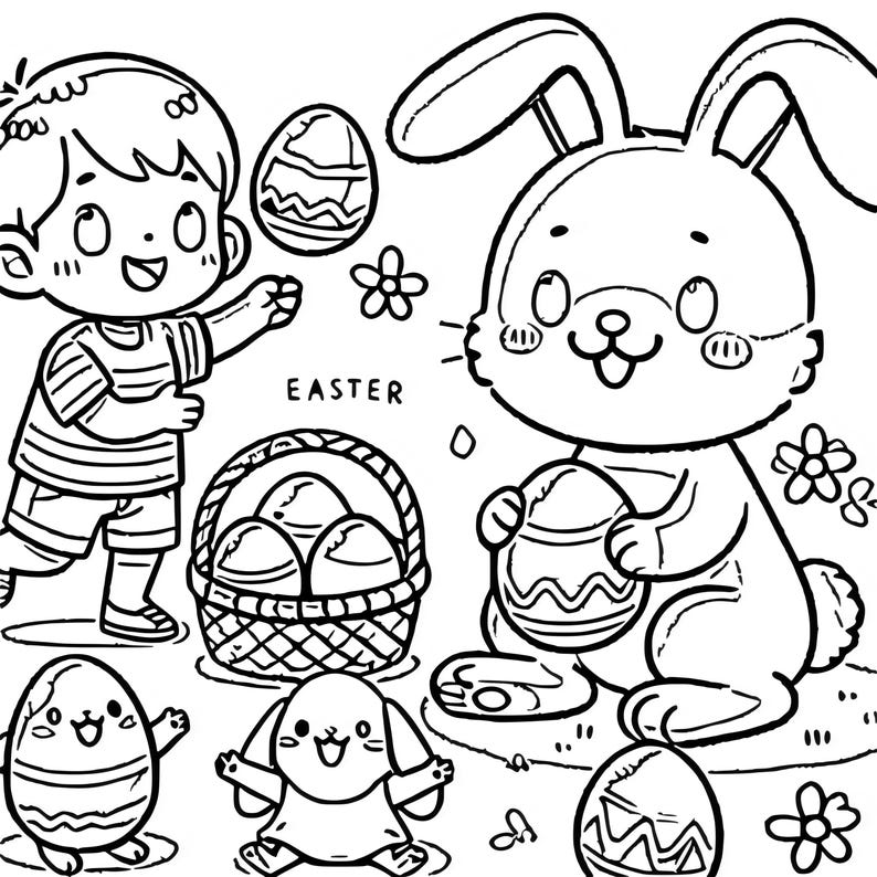 Easter Cute Bunny and Eggs Coloring Pages - Set of 16 PNG Downloads for ...