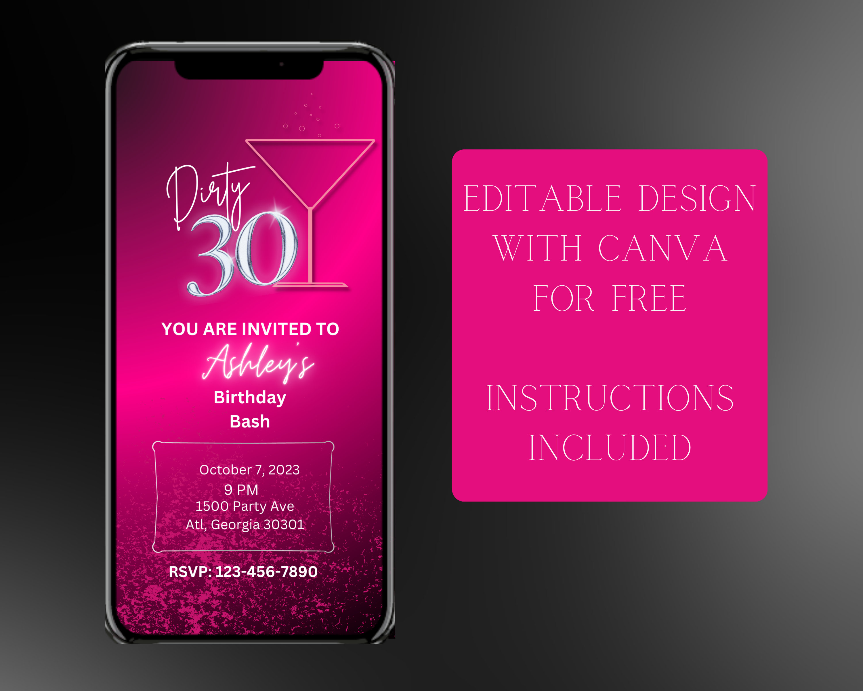 Customizable Dirty Thirty Invitation Hot Pink & Black, Fun 30th ...