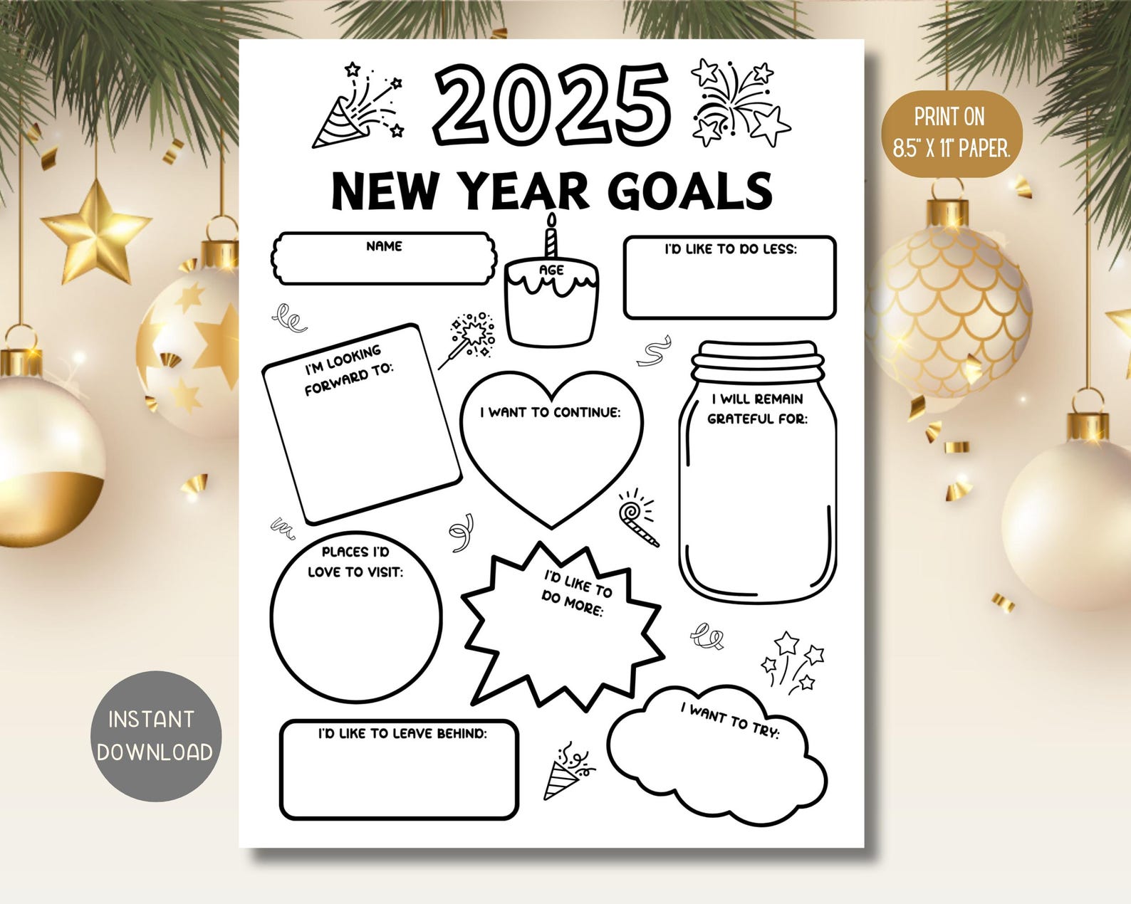 New Years Goals Printable, 2025 Vision Board Activity Chart, Coloring ...