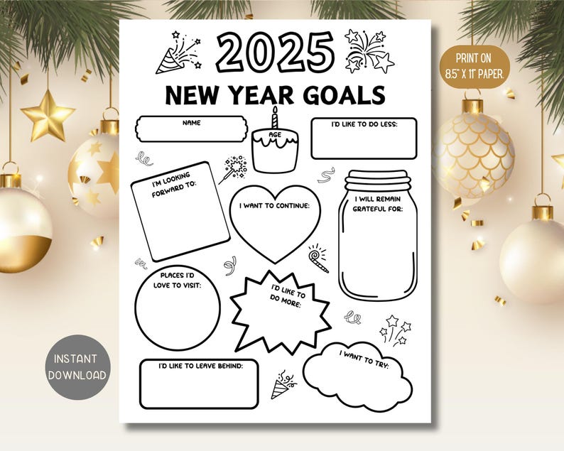 New Years Goals Printable, 2025 Vision Board Activity Chart, Coloring ...