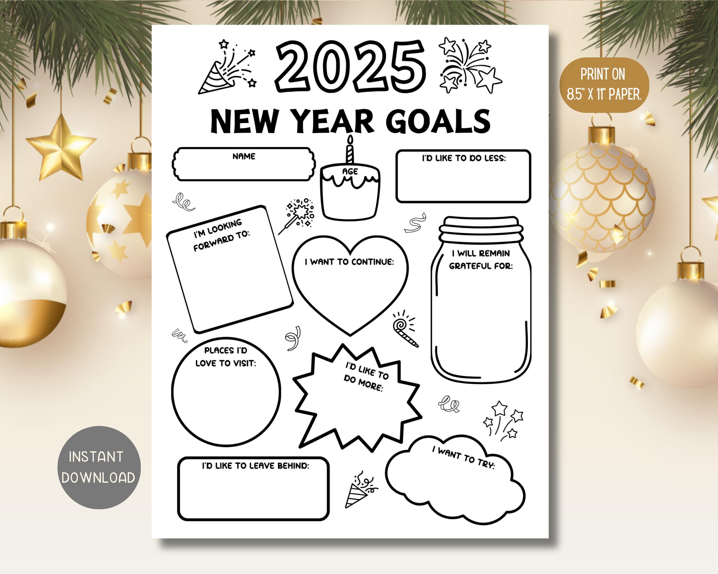 New Years Goals Printable, 2025 Vision Board Activity Chart, Coloring ...