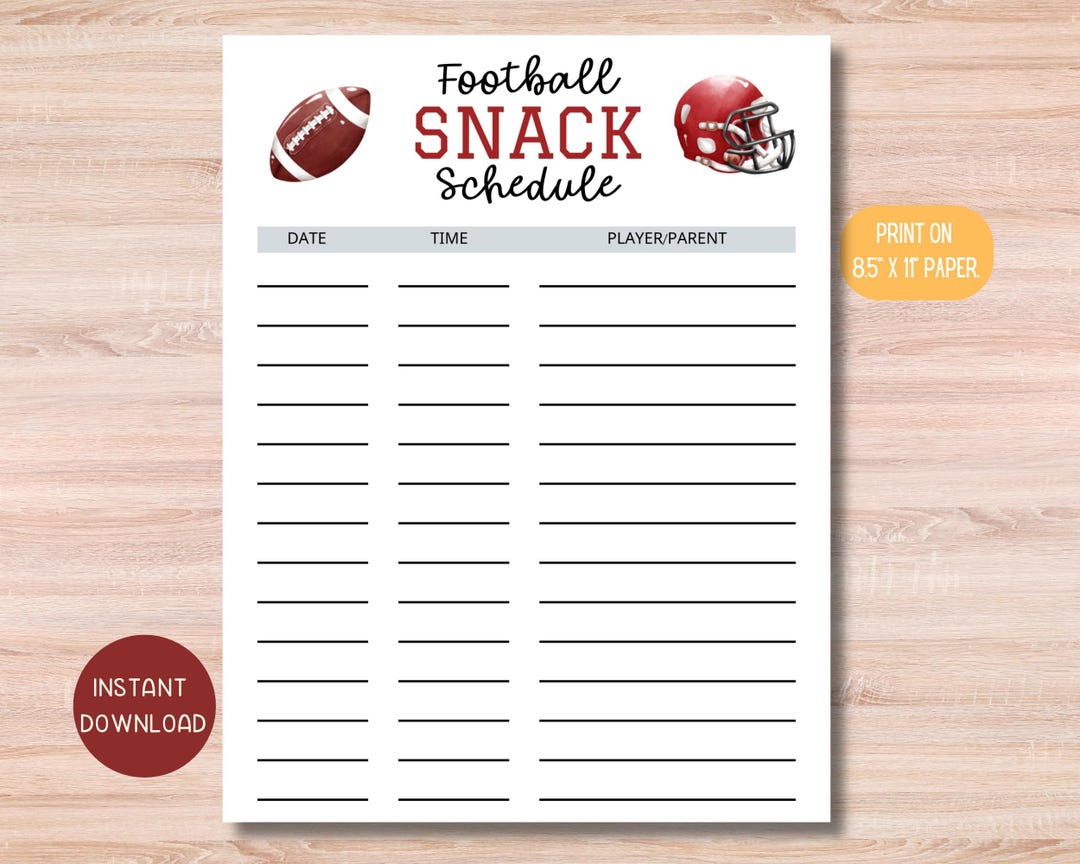 Football Snack Schedule Printable, RED, Parent Sign up Sheet, Game Day ...