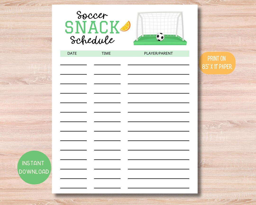 Soccer Snack Schedule Printable, Parent Sign up Sheet, Game Day List ...