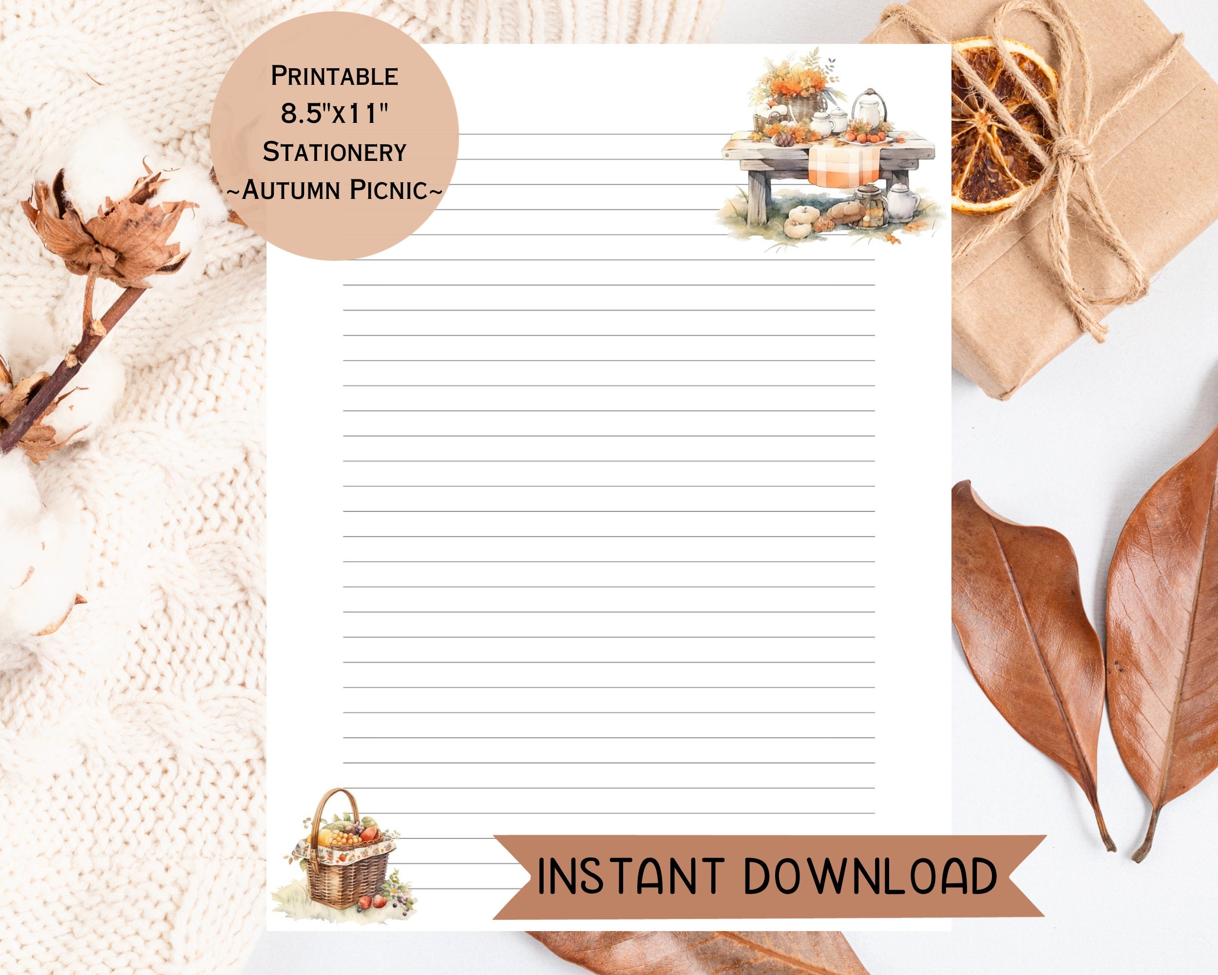 Thanksgiving Autumn Printable Stationery Paper, Autumn Picnic Printable ...