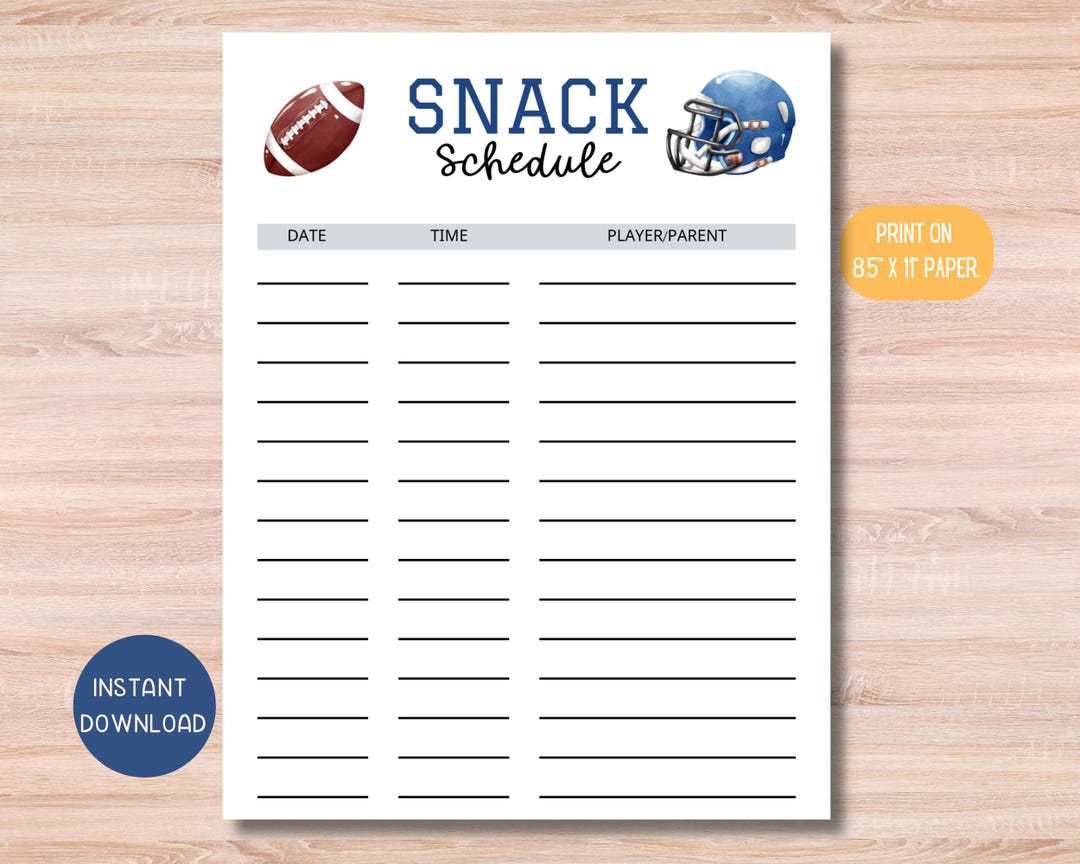 Snack Schedule Printable, Football, BLUE, Parent Sign up Sheet, Game ...