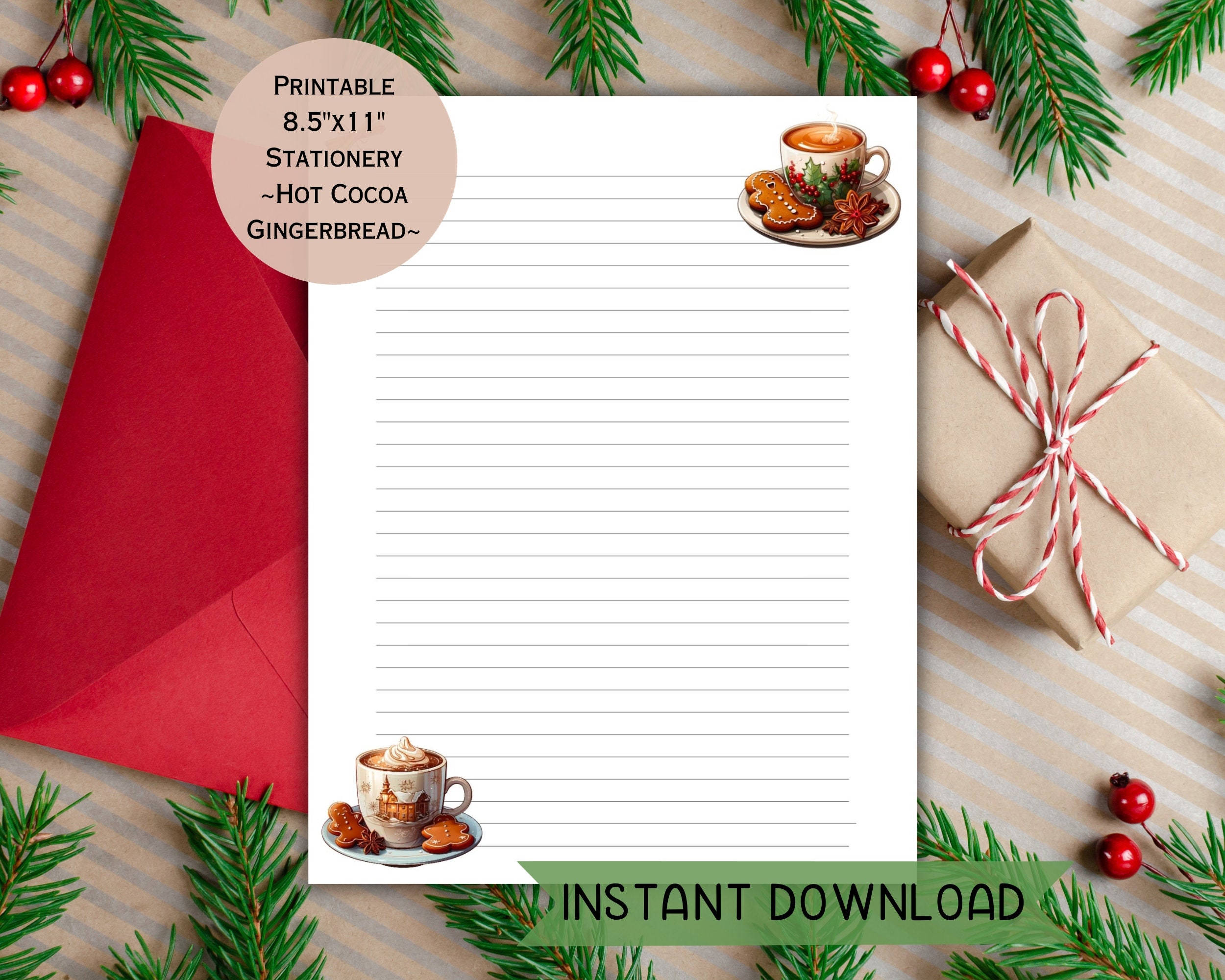 Christmas Winter Printable Stationery Paper, Hot Cocoa Gingerbread ...