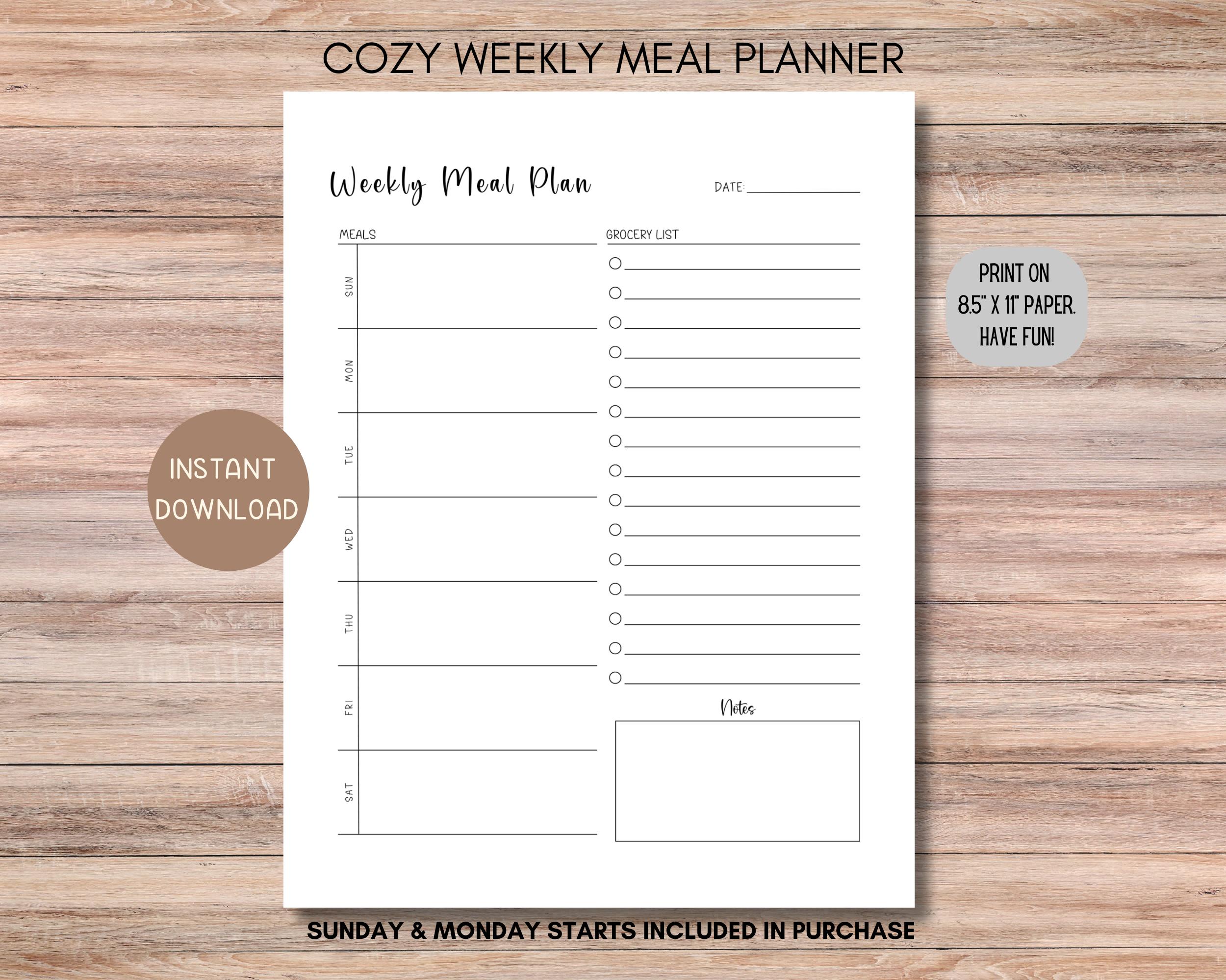 Cozy Weekly Meal Planner Printable With Grocery List, Dinner Food Menu ...