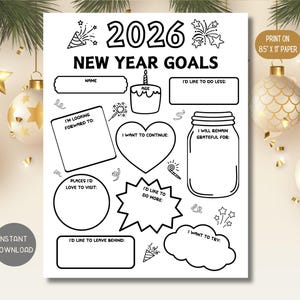 2026 New Year Goals Printable, Coloring Resolutions Worksheet (instant ...