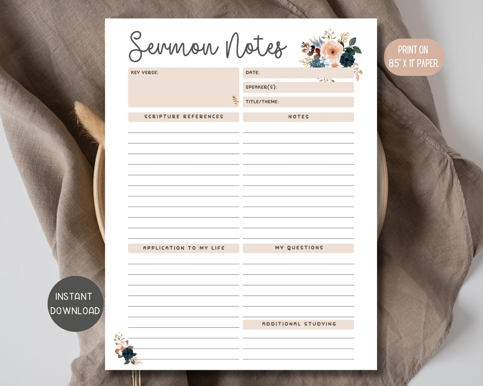 Floral Sermon Notes Printable, Scripture Study Worksheet (instant ...
