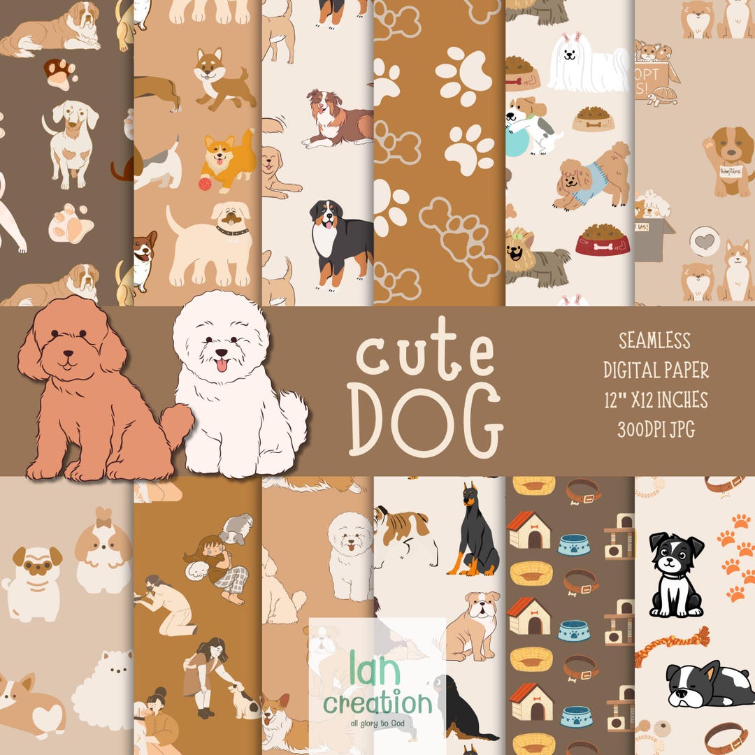 CUTE DOG Digital Paper Pack Pastel Pet Dog Seamless Patterns Background ...