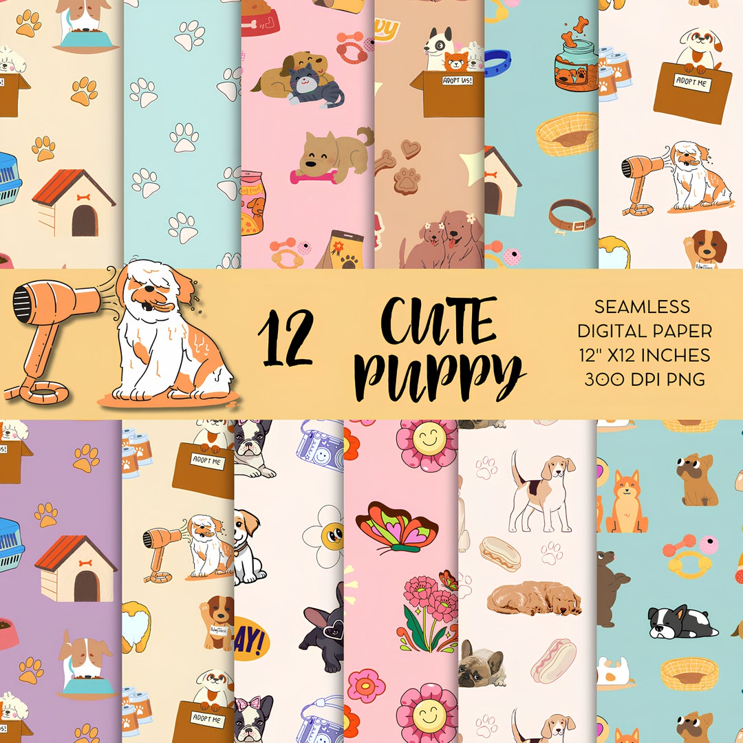 Pastel Dog Digital Paper Puppy Seamless Pattern Cute Dog Printable ...