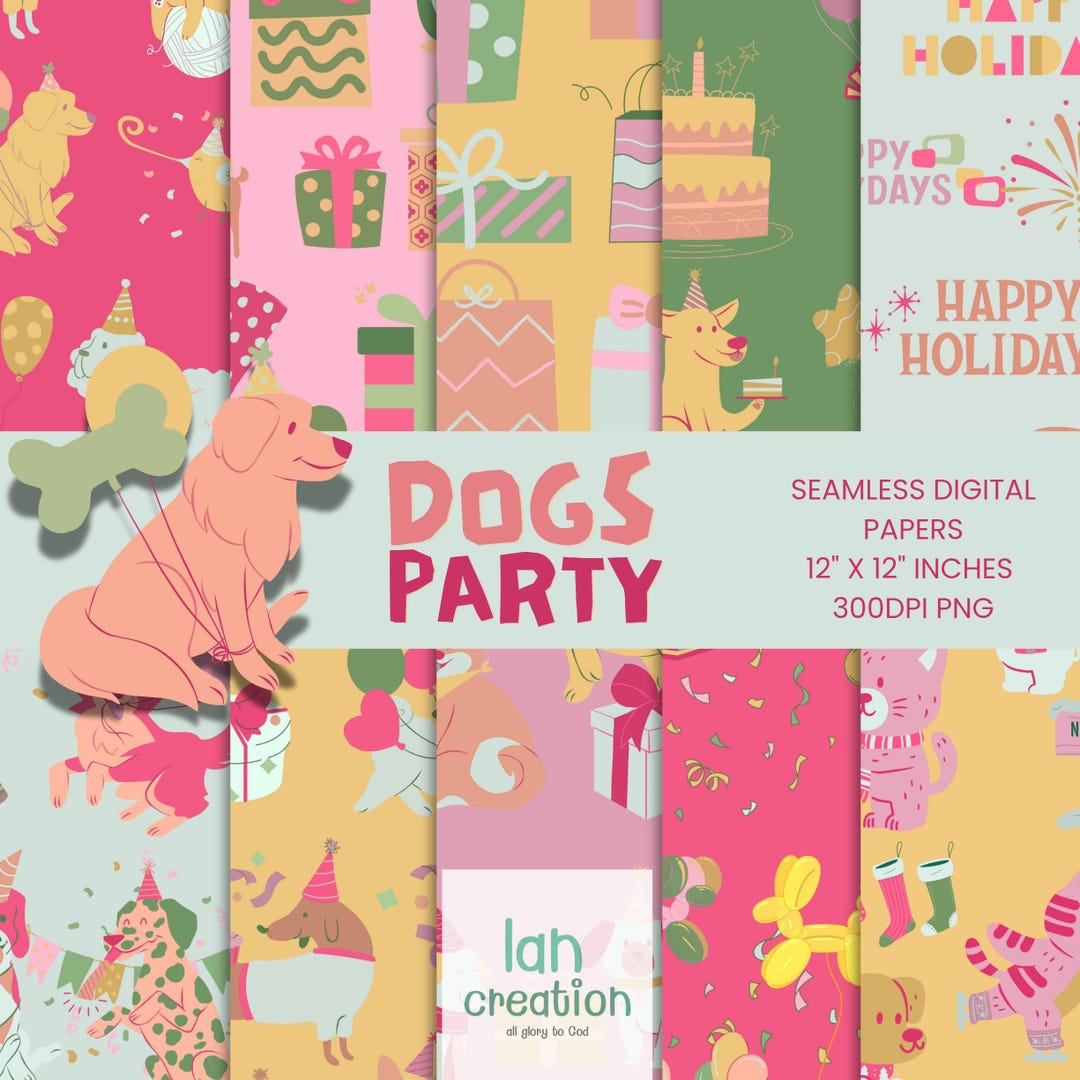 DOGS PARTY Seamless Pattern Dog Birthday Party Background Puppies ...