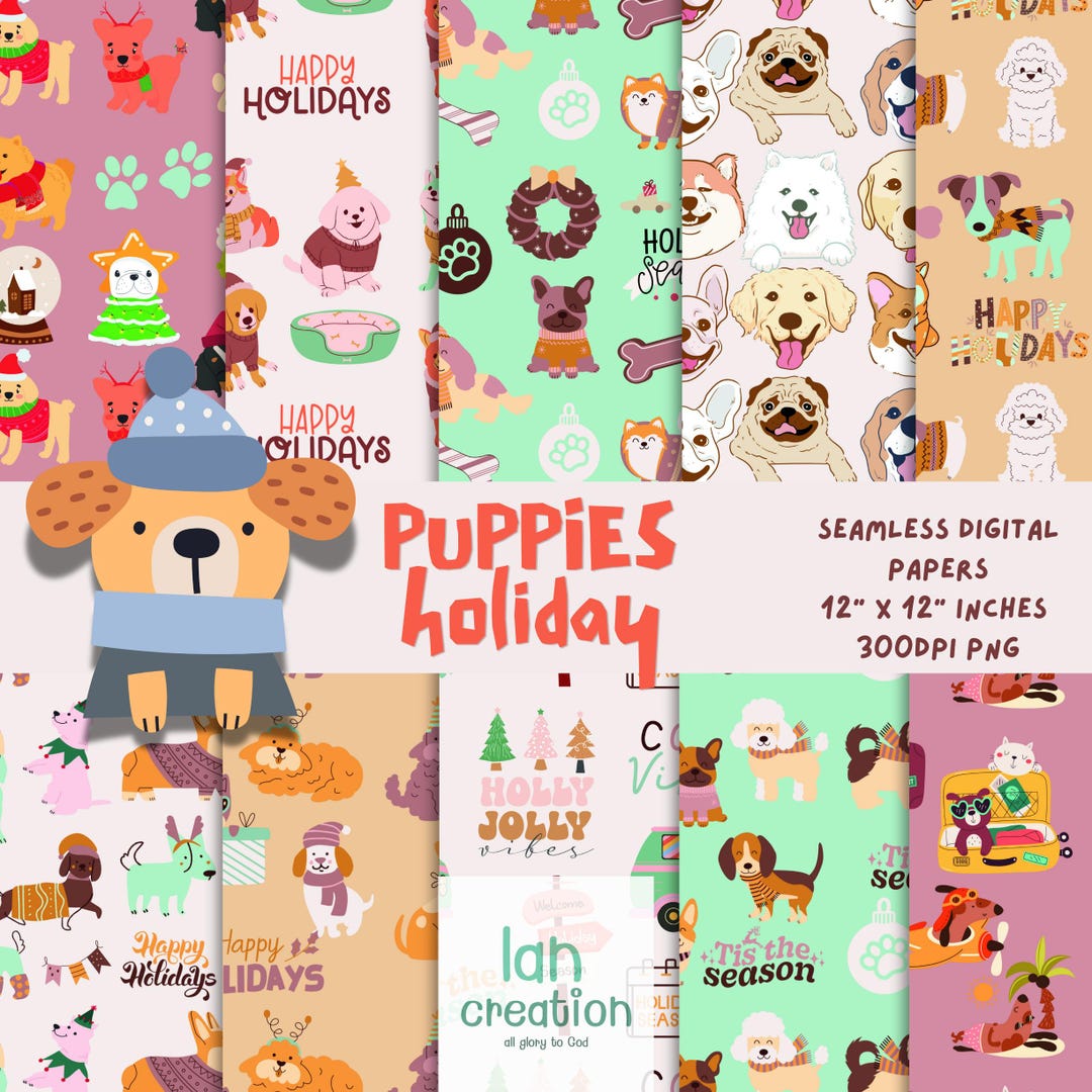 PUPPIES HOLIDAY SEASON Seamless Pattern Digital Paper Dog Holiday ...