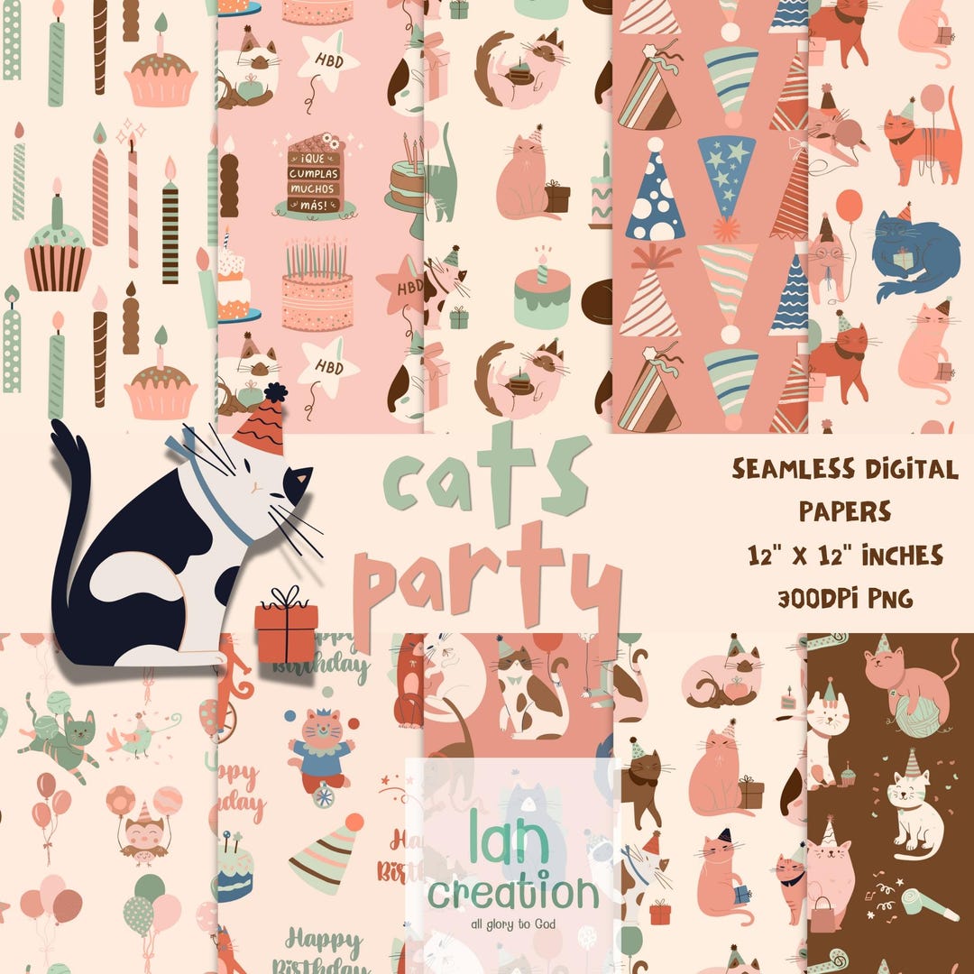 Cats Party Digital Paper: Seamless Birthday Scrapbook Patterns (PNG) - Etsy