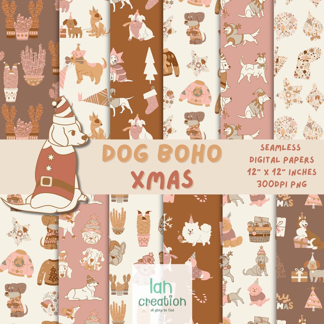 DOG BOHO XMAS Seamless Digital Paper Christmas Puppies Scrapbook Paper ...