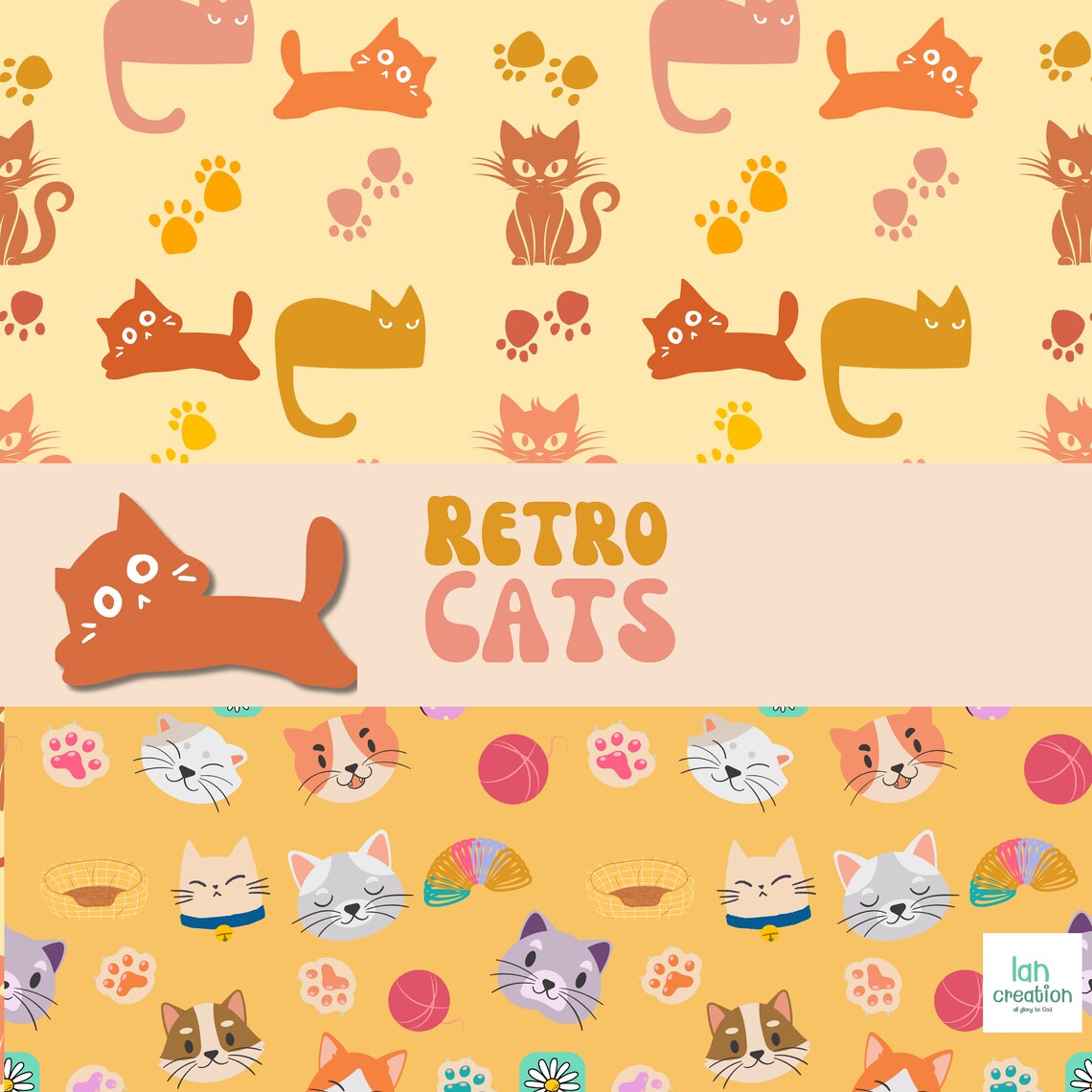 CUTE RETRO CAT Seamless Digital Paper Pack Cat Scrapbook Paper ...
