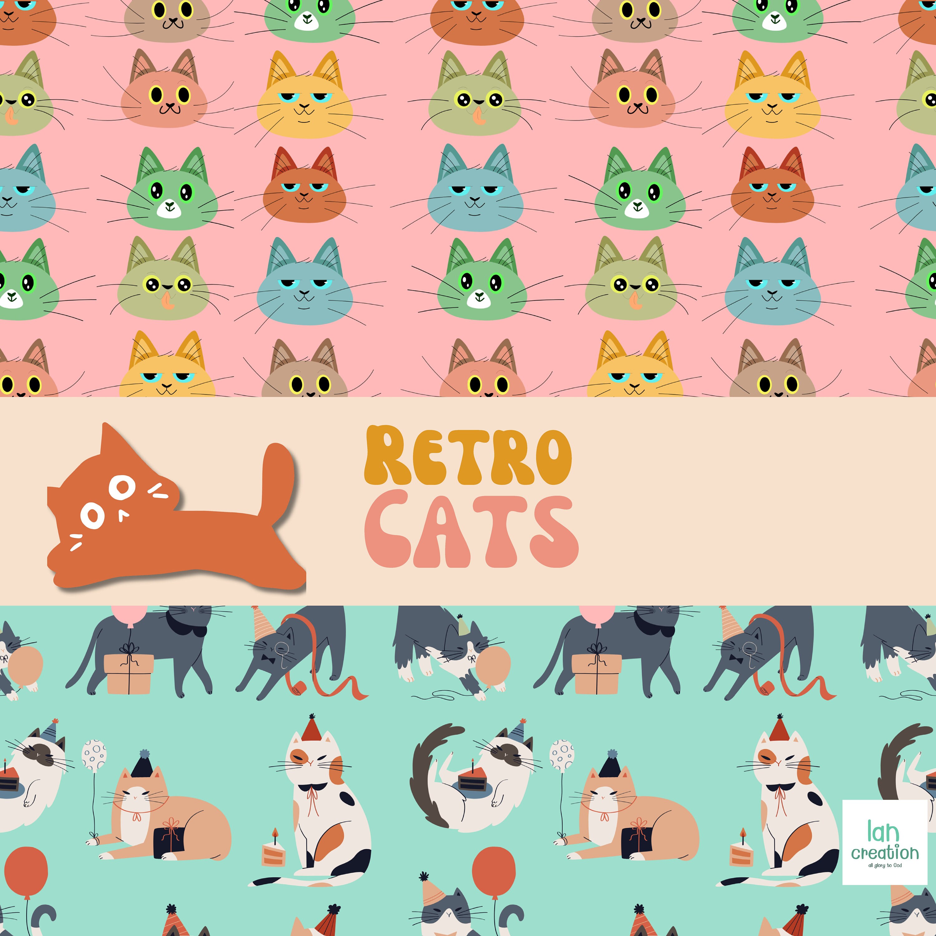 CUTE RETRO CAT Seamless Digital Paper Pack Cat Scrapbook Paper ...