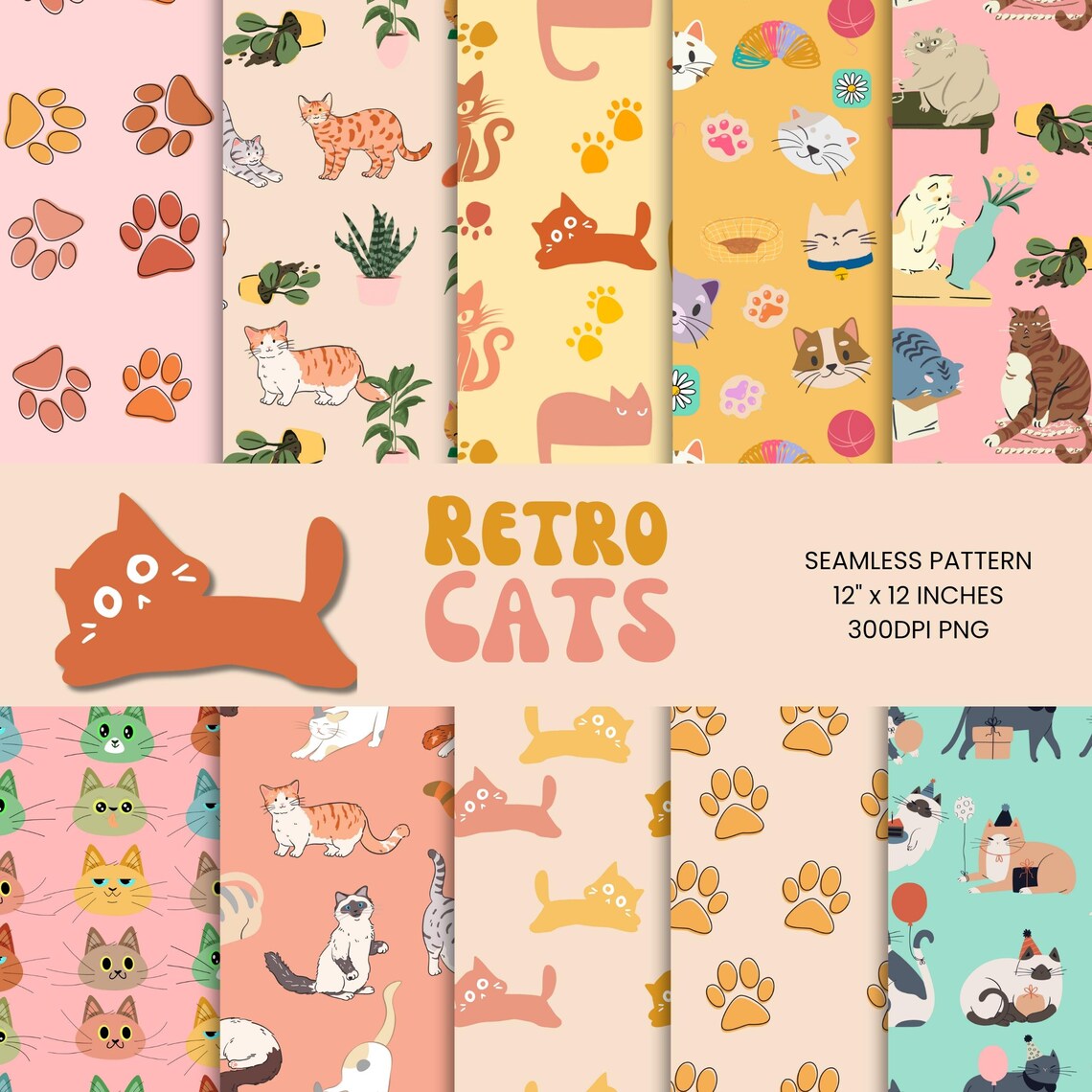 CUTE RETRO CAT Seamless Digital Paper Pack Cat Scrapbook Paper ...