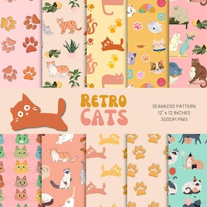CUTE RETRO CAT Seamless Digital Paper Pack Cat Scrapbook Paper ...
