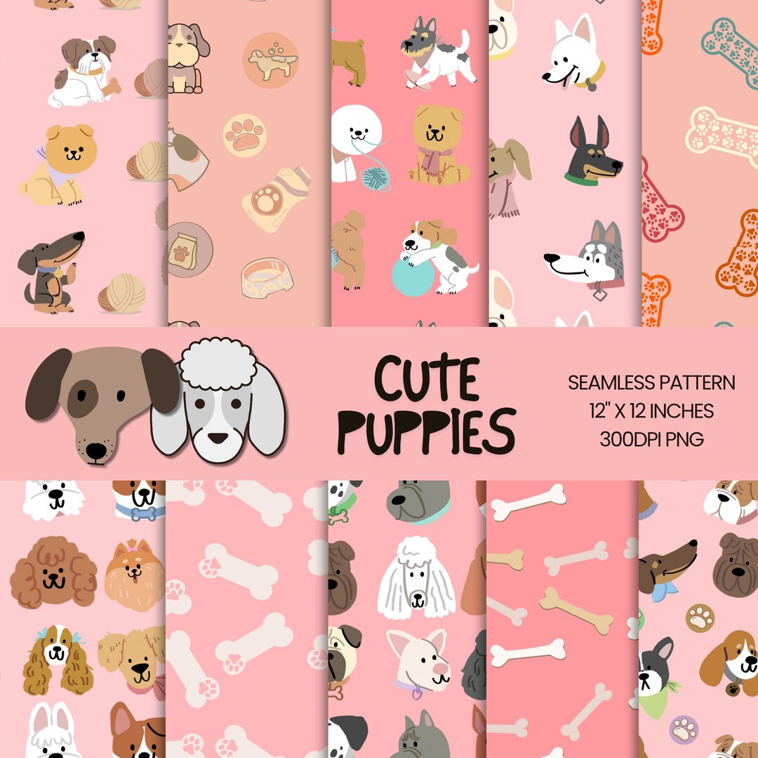 Cute Pink Puppies Seamless Design Dog Pattern Fabric Pet Themed Digital ...