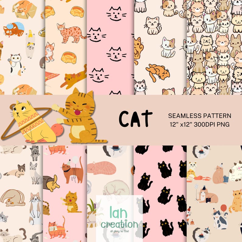 10 Cat Seamless Pattern Pack Digital Paper Wallpaper Cat Scrapbook ...