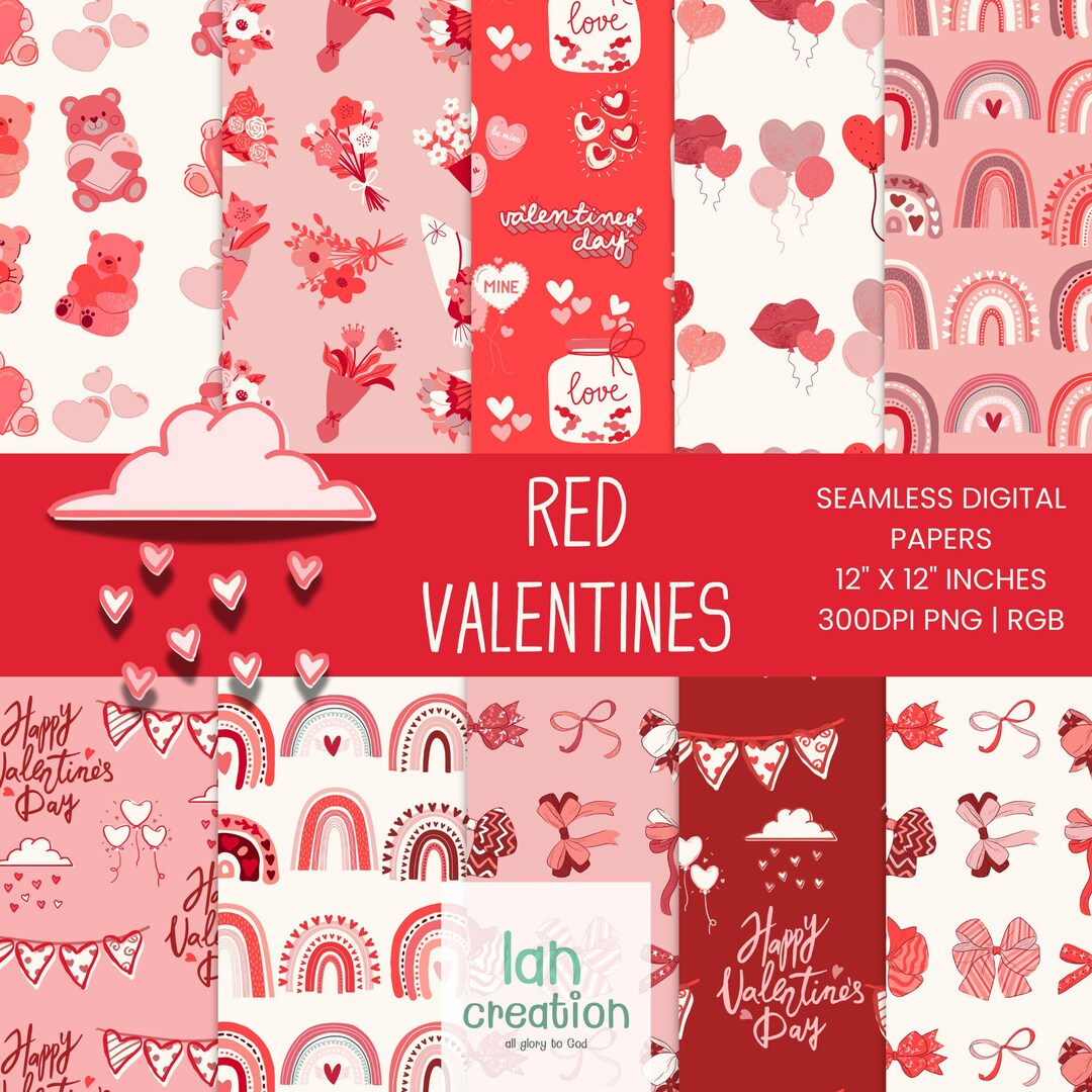 Red Valentines Seamless Digital Paper Pack Scrapbook Paper Printable ...