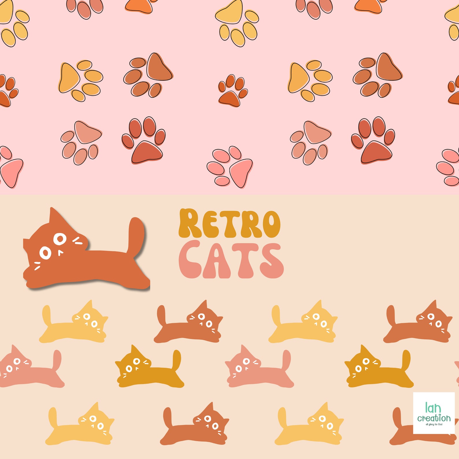 CUTE RETRO CAT Seamless Digital Paper Pack Cat Scrapbook Paper ...