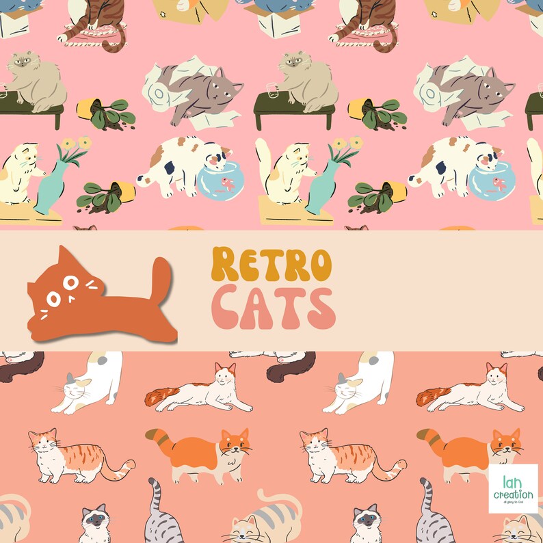 CUTE RETRO CAT Seamless Digital Paper Pack Cat Scrapbook Paper ...