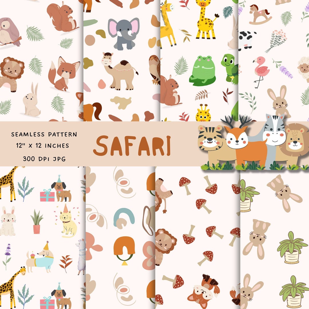 Cute Safari Animals Seamless Digital Papers Jungle Wallpaper Background ...