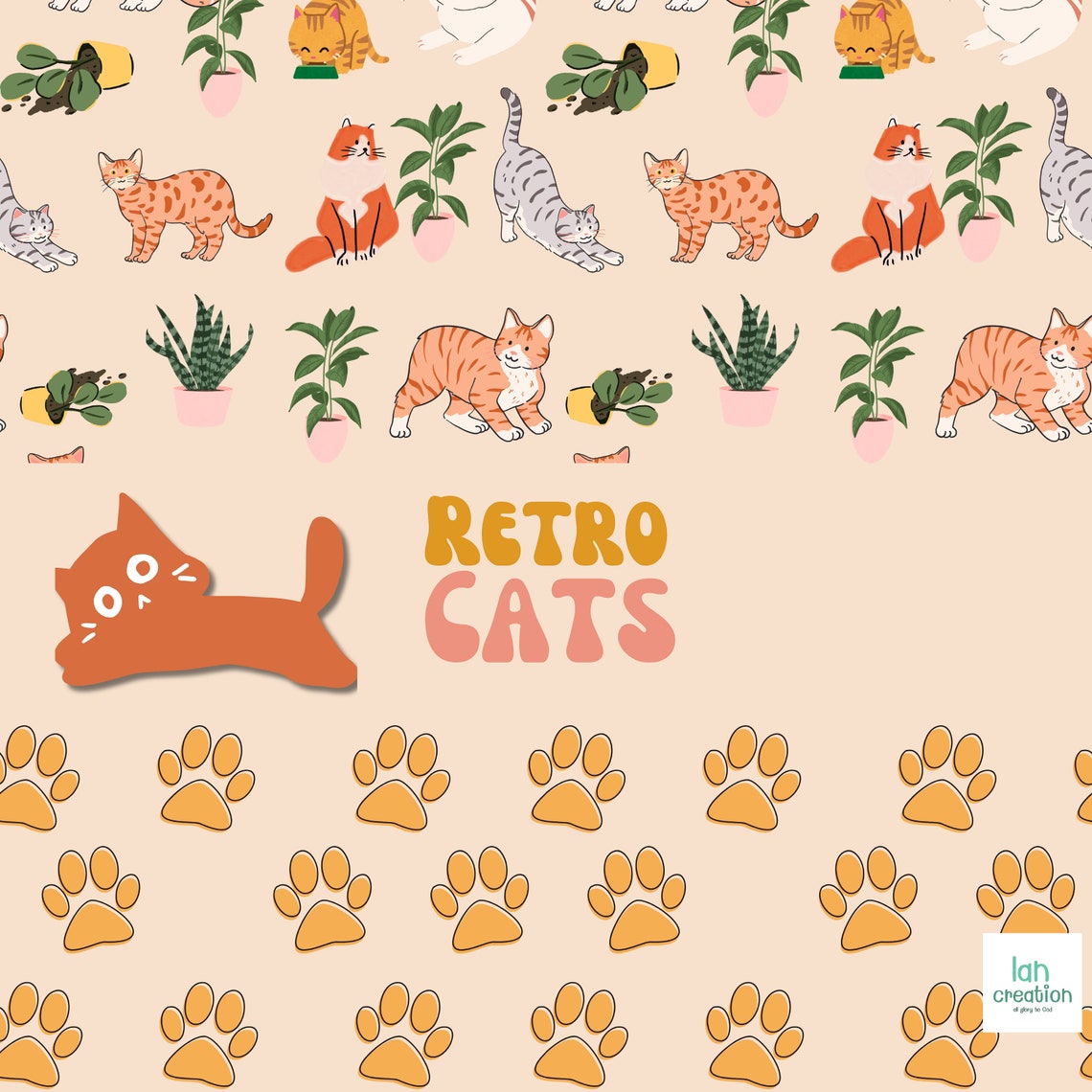 CUTE RETRO CAT Seamless Digital Paper Pack Cat Scrapbook Paper ...