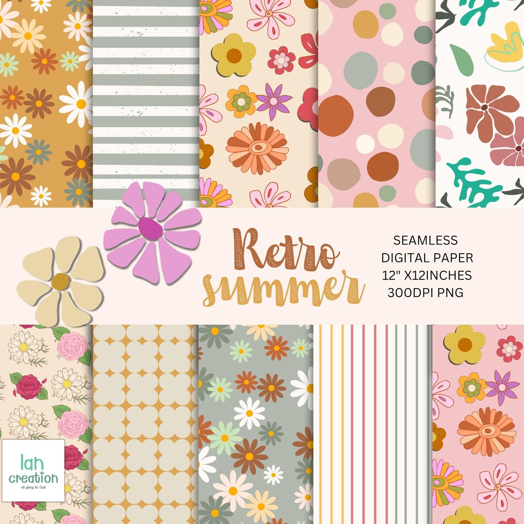 Retro Summer Seamless Digital Papers Scrapbook Printable Summer Flower ...