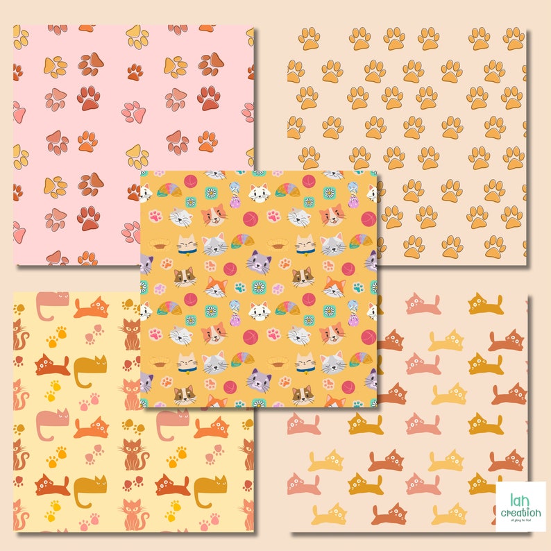 CUTE RETRO CAT Seamless Digital Paper Pack Cat Scrapbook Paper ...