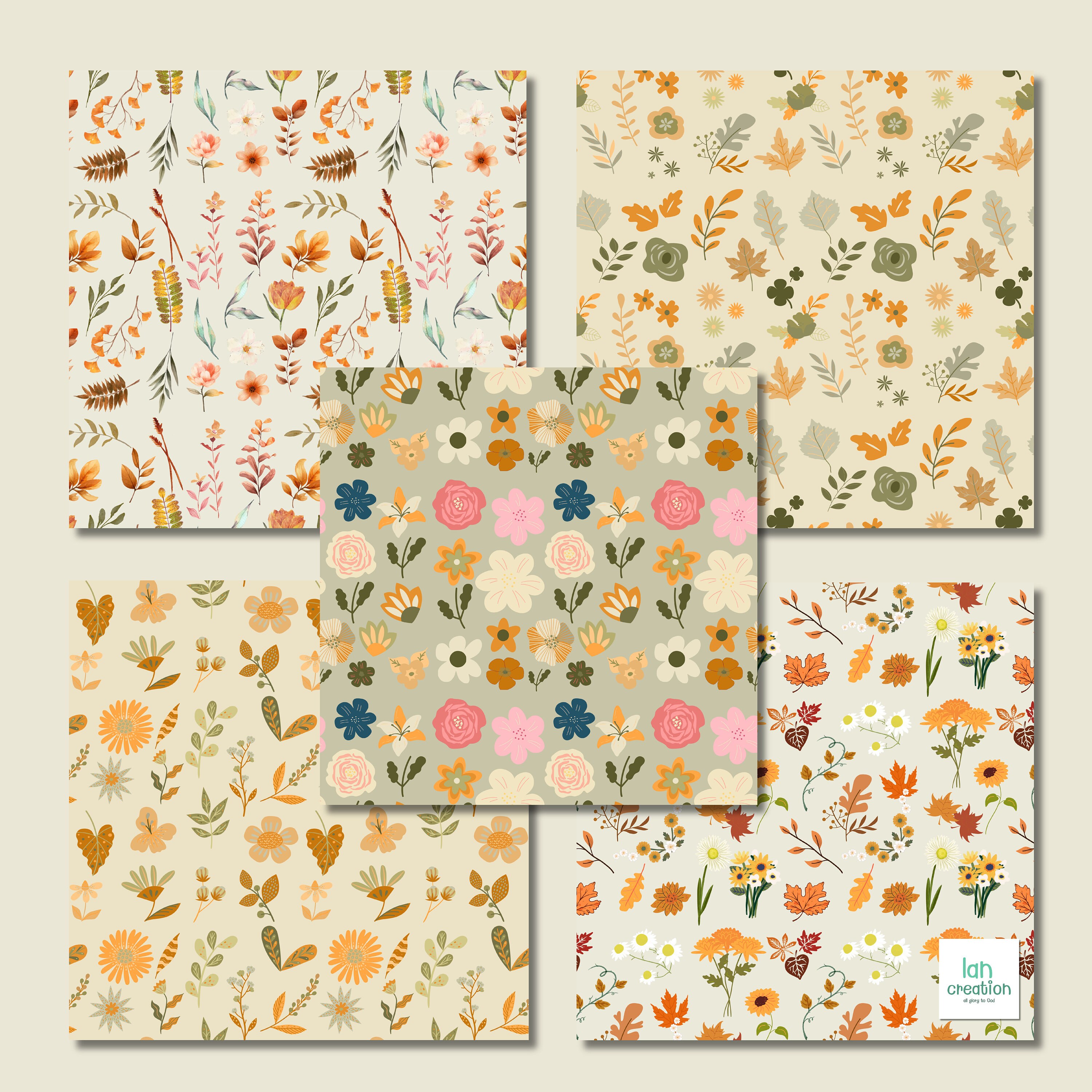 AUTUMN FLORAL Seamless Patterns Digital Paper Autumn Flowers Scrapbook ...
